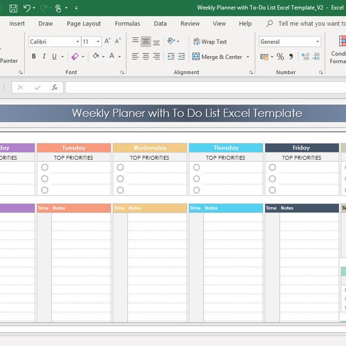 Weekly Planner With To-do List Excel Template Planner - Etsy