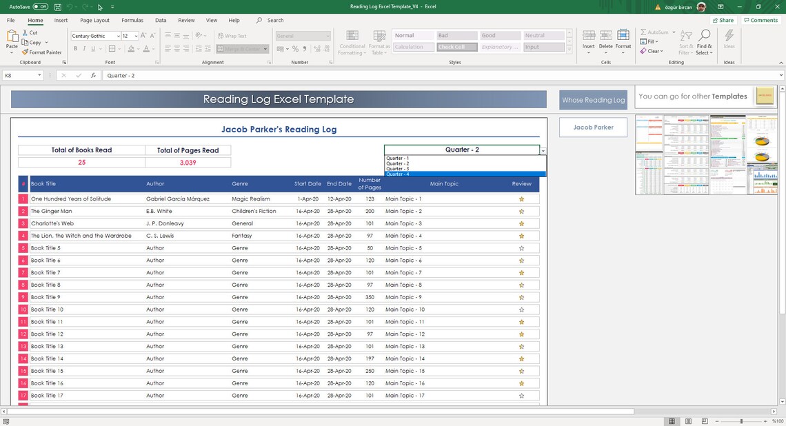Reading Log Excel Template Reading Tracker Book Planner - Etsy