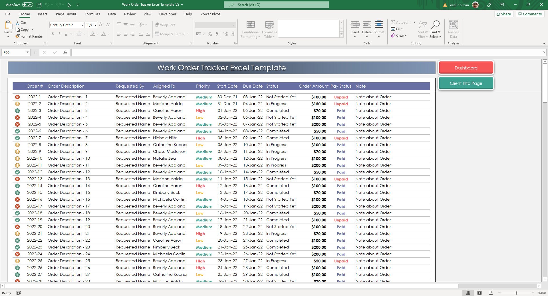 Work Order Tracker Excel Template Small Business Work Order - Etsy