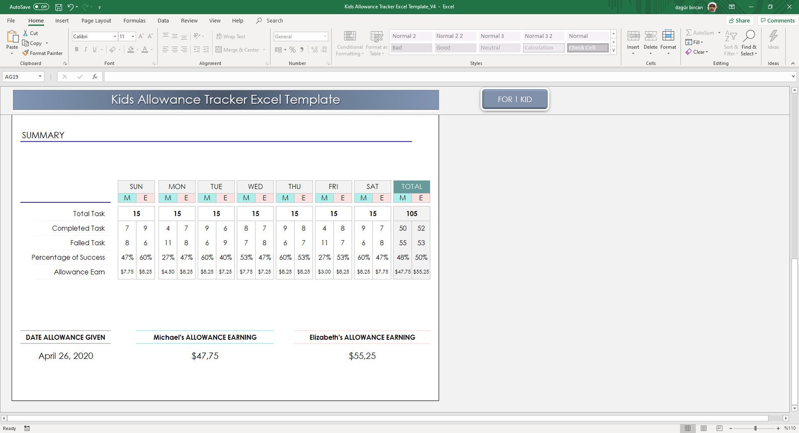 Kids Allowance Tracker Excel Template: Chore & Pocket Money Log ...