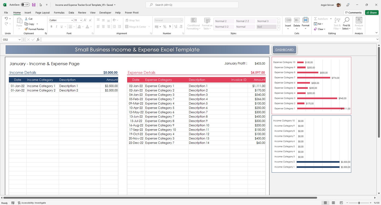 Small Business Bookkeeping Excel Template: 12-month Income & Expense ...