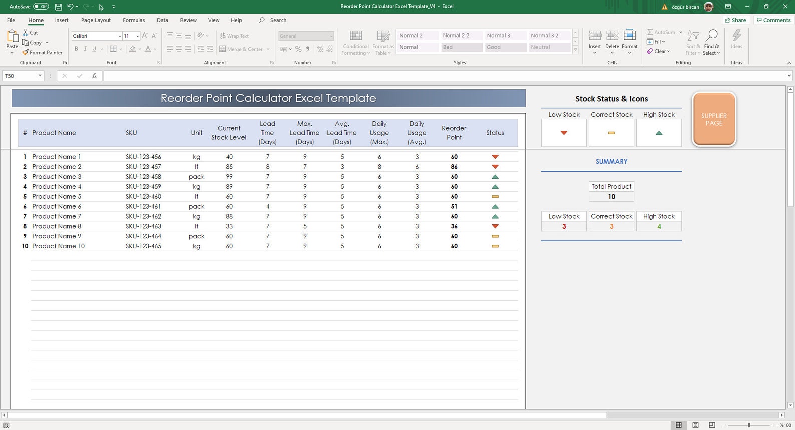 Reorder Point Calculator Excel Template: Inventory Stock Control With ...