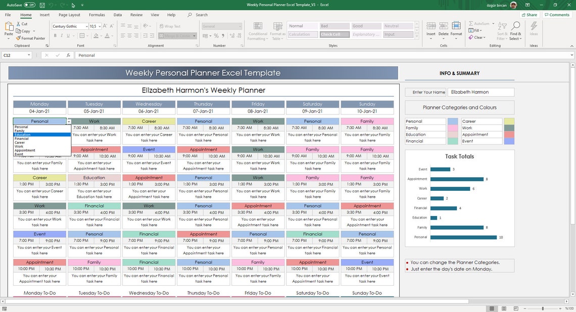 Plantilla de Excel del planificador personal semanal / - Etsy España