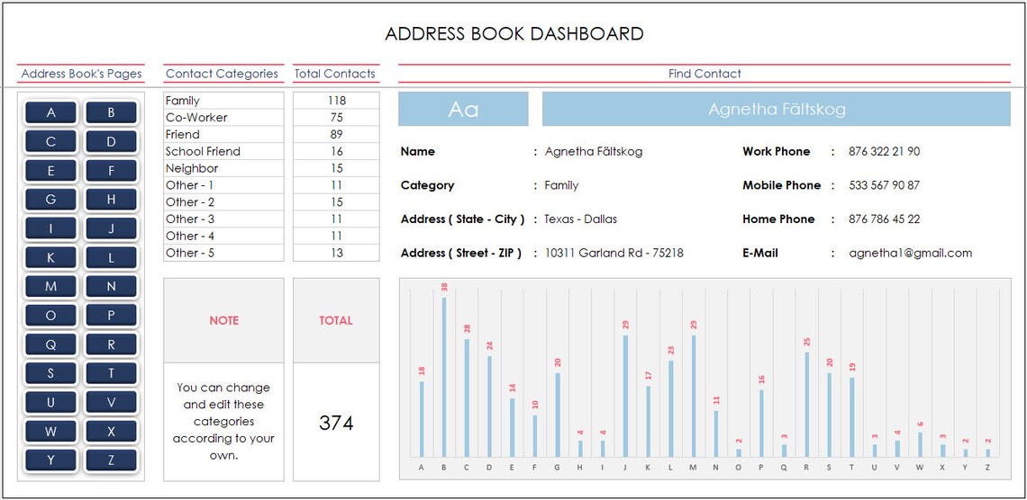 Address & Contact Book Excel Template Telephone Directory - Etsy