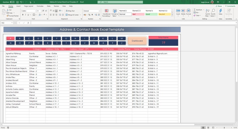 Address & Contact Book Excel Template Telephone Directory - Etsy