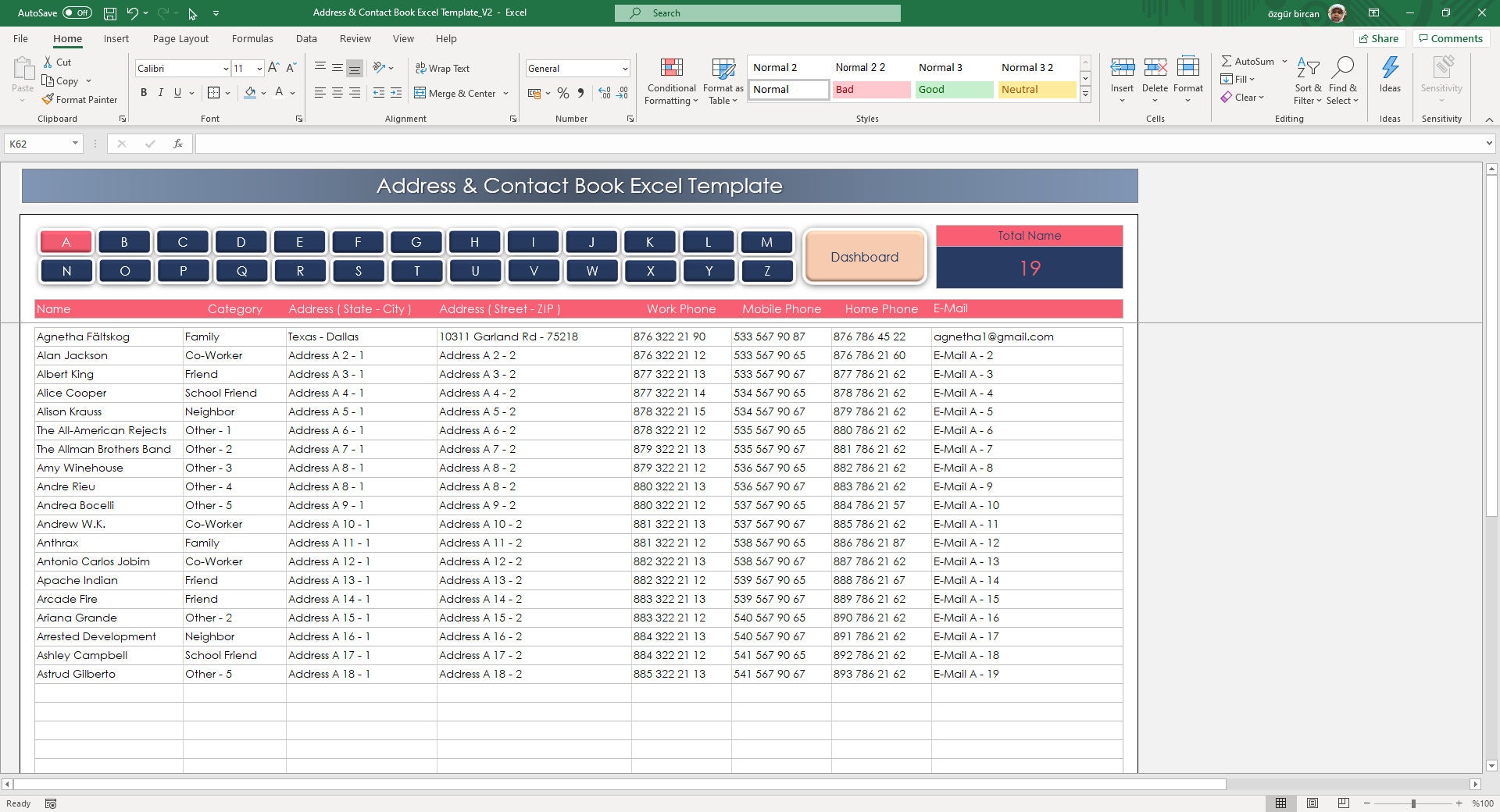 Address & Contact Book Excel Template Telephone Directory - Etsy