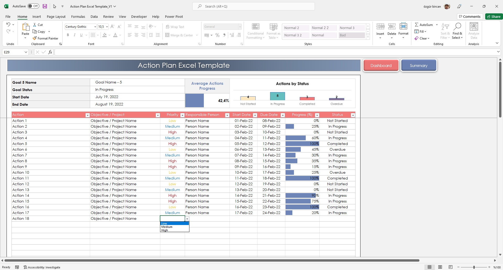 Action Plan Excel Template: Goal Tracker & Project Management - Etsy