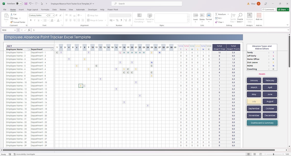 Employee Absence Point Tracker Excel Template | HR Attendance Tracking ...