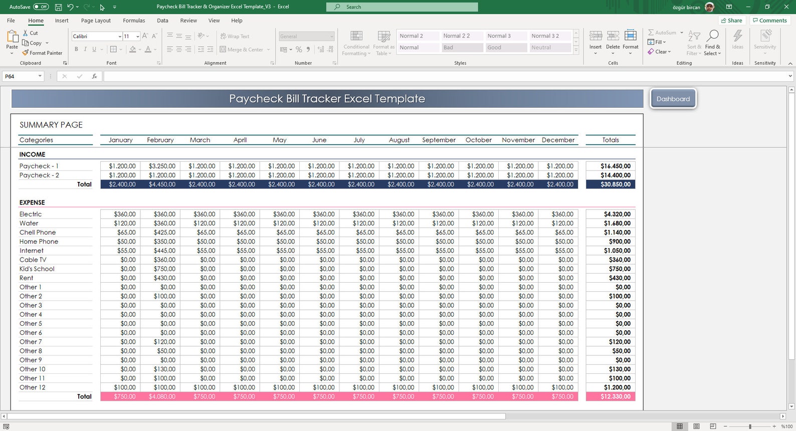 Paycheck Budget Excel Template | Monthly Bill Tracker Spreadsheet ...