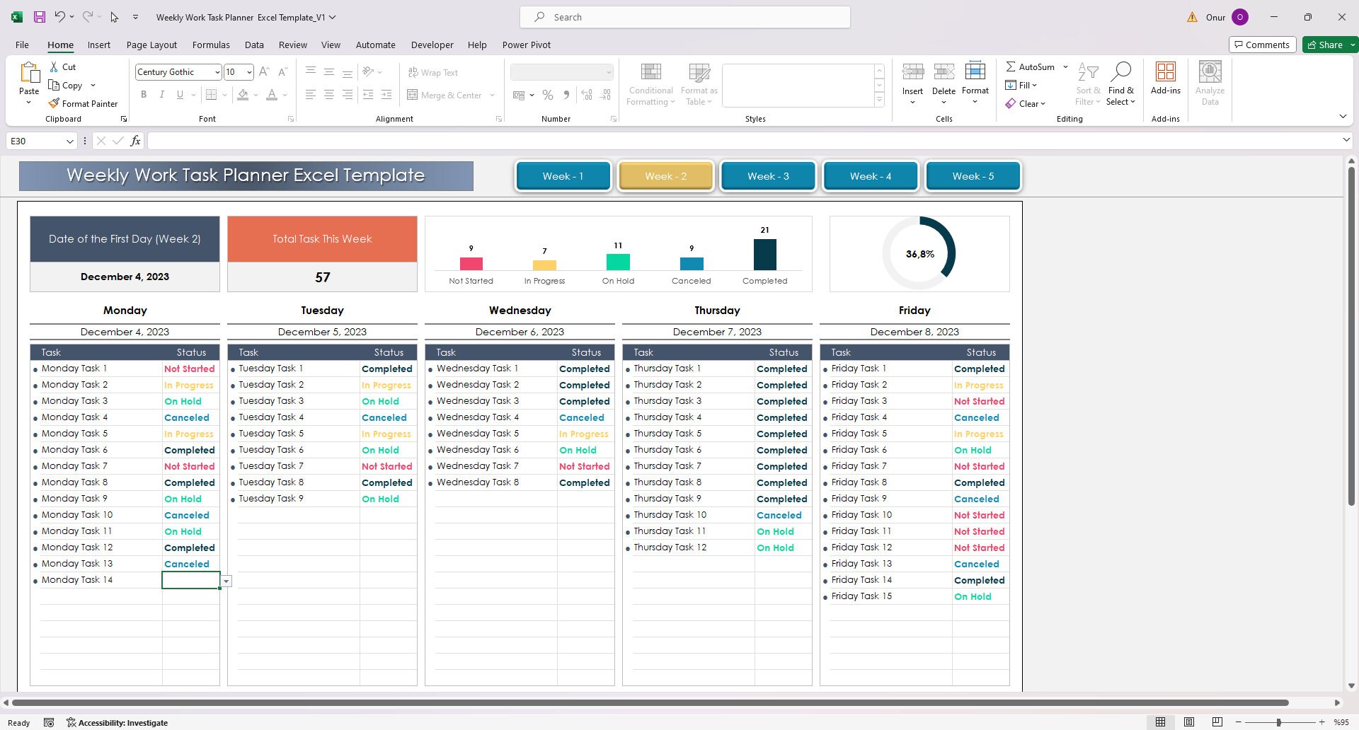 Weekly Task Planner Excel Template: Work Organizer Spreadsheet (digital ...