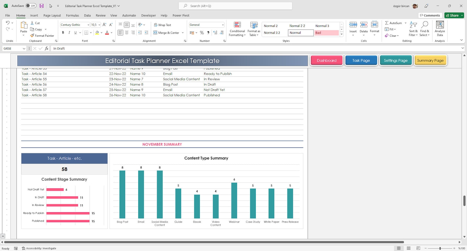 Editorial Task Planner Excel Template Content Task Planner - Etsy