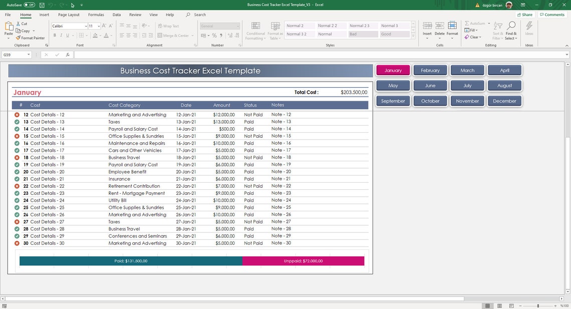 Business Cost Tracker Excel Template Budget Tracker Excel - Etsy