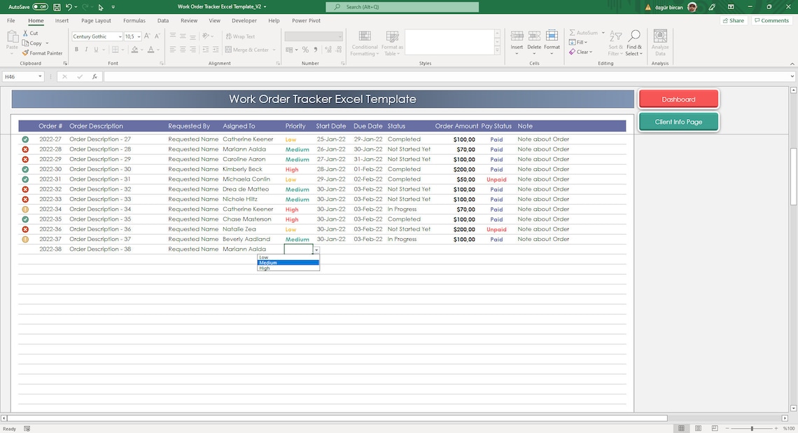 Work Order Tracker Excel Template Small Business Work Order | Etsy Canada