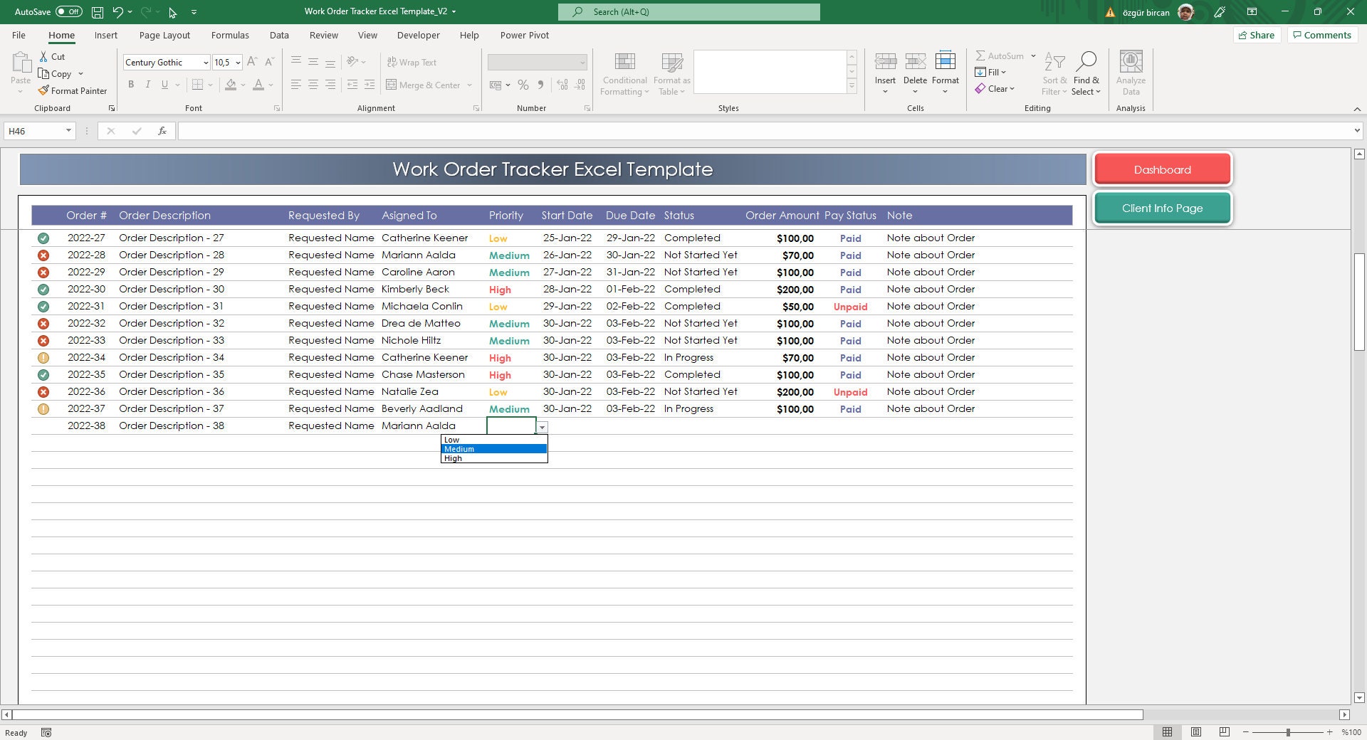 Work Order Tracker Excel Template Small Business Work Order - Etsy