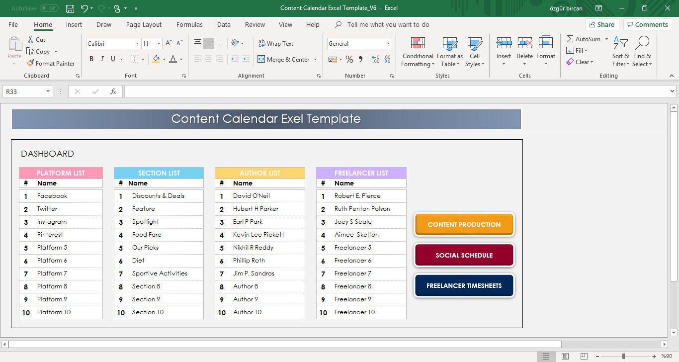 Table Of Contents Excel Template