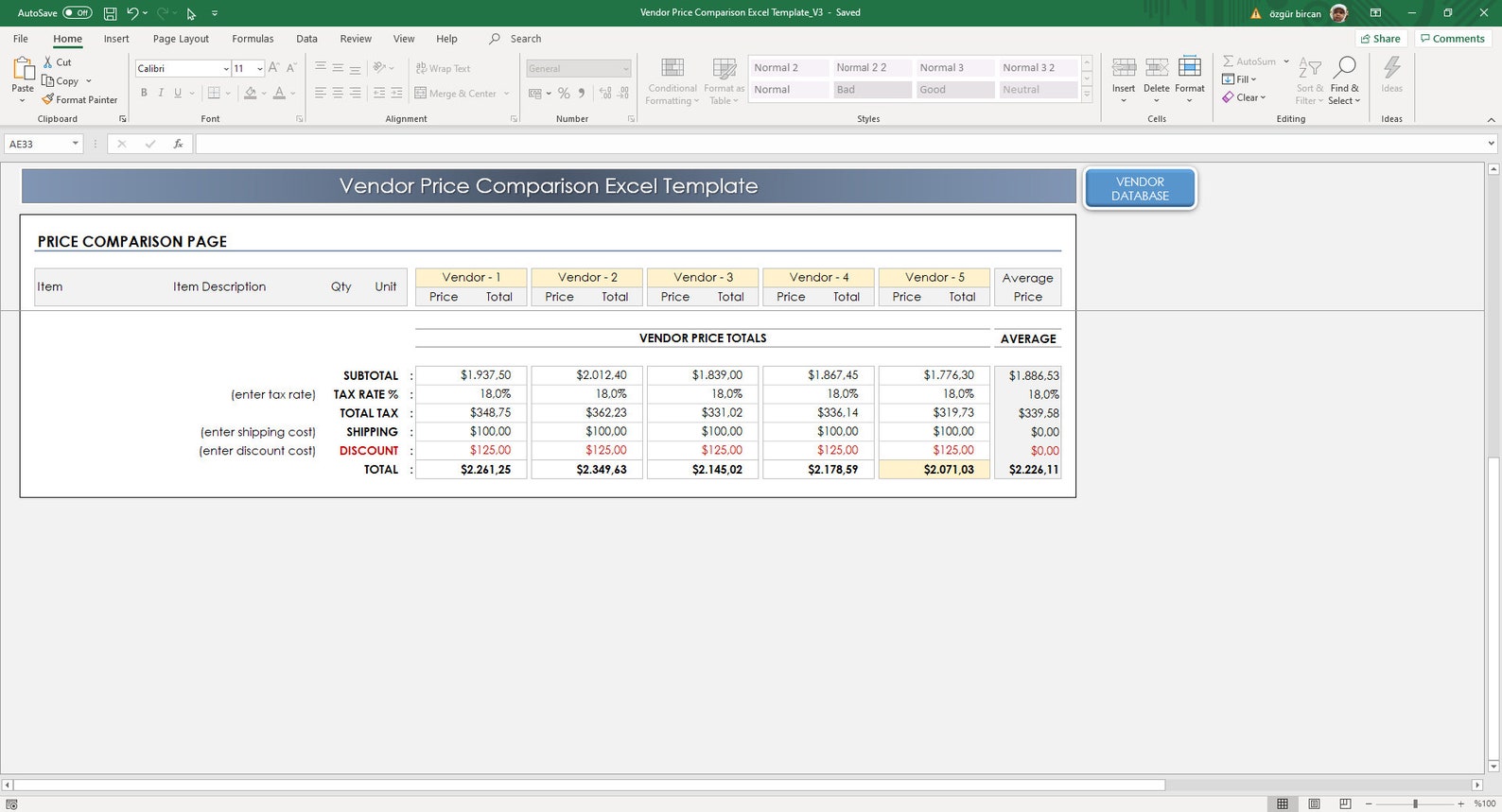 Vendor Price Comparison Excel Template | Product Cost & Supplier ...