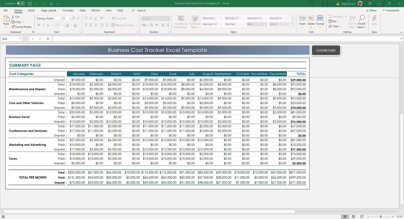 Business Cost Tracker Excel Template Budget Tracker Excel - Etsy