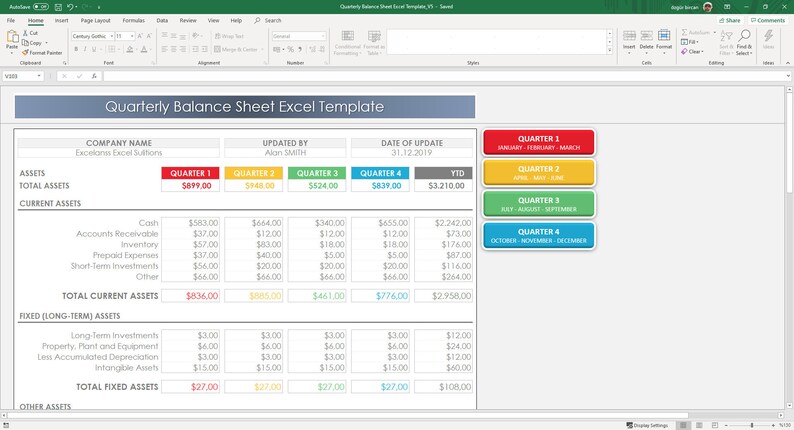 Quarterly Balance Sheet Excel Template Balance Tracker | Etsy Canada