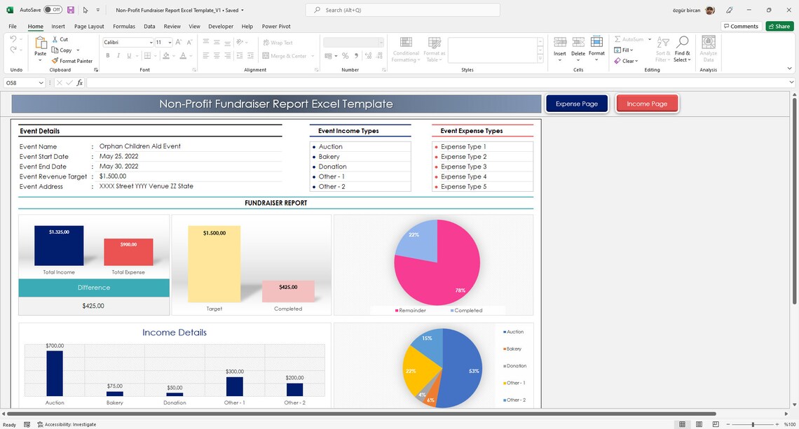 Non-profit Fundraiser Report Excel Template Non-profit - Etsy