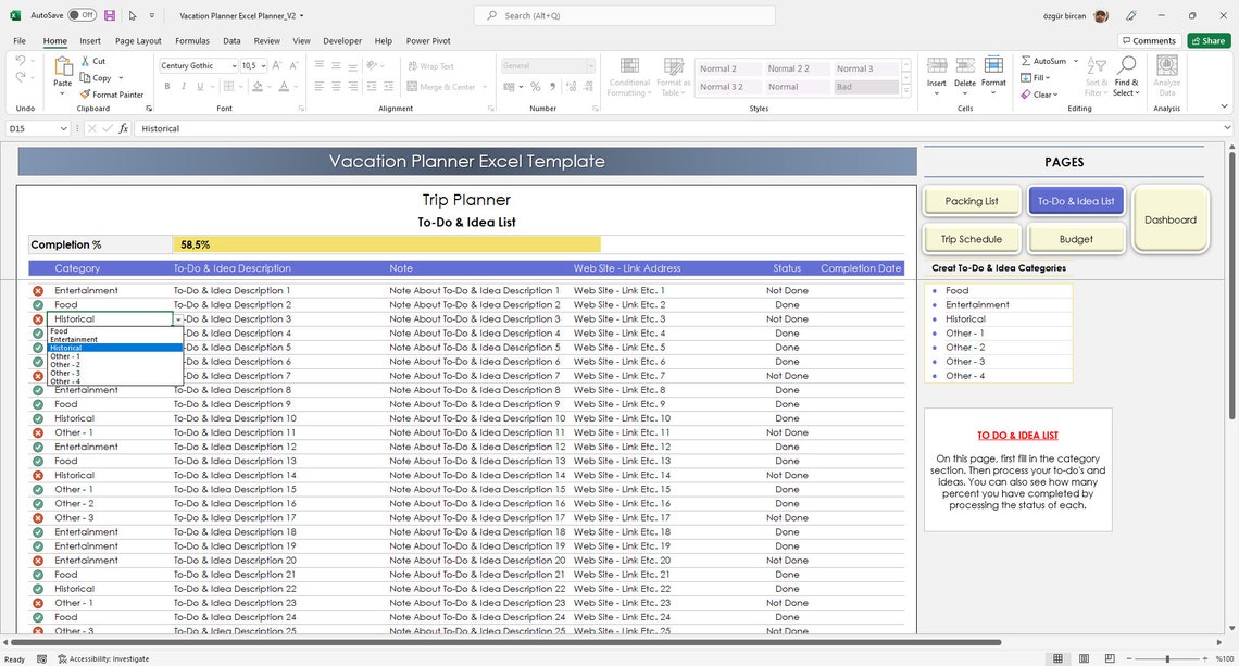 Holiday Planner Excel Template Trip Planner Tracker - Etsy