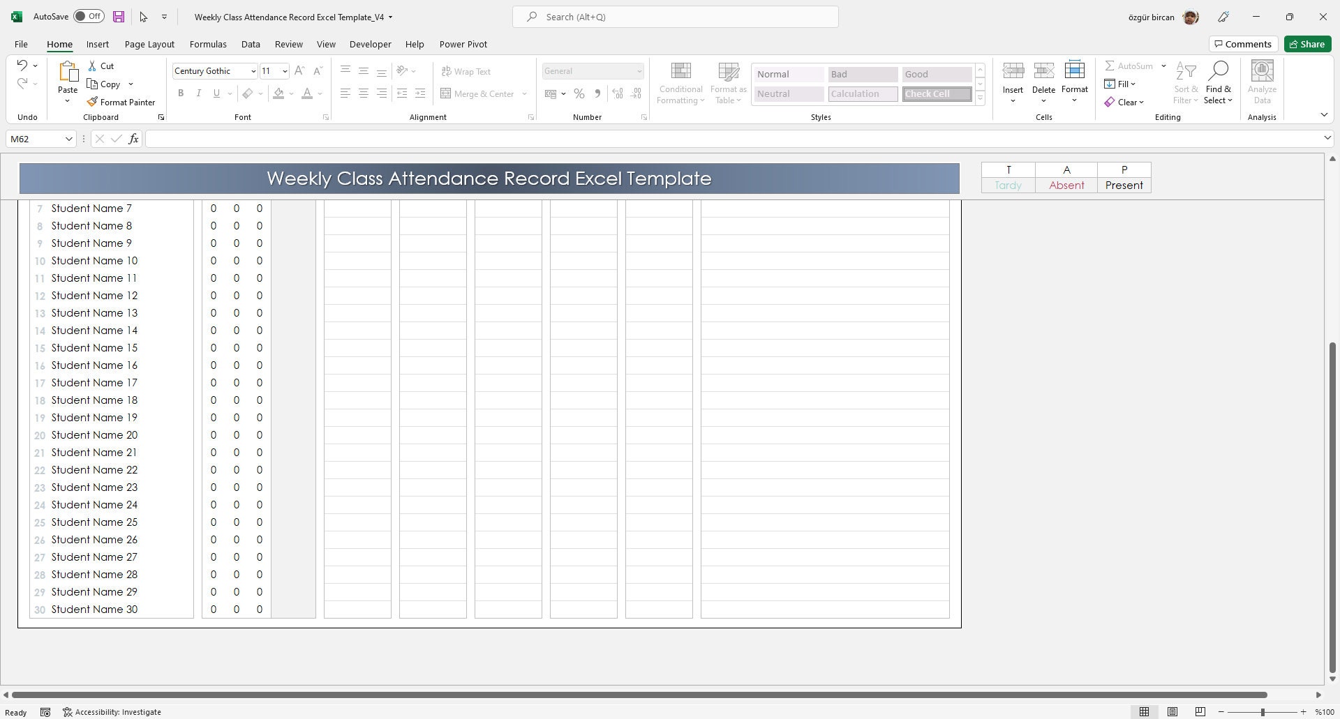 Weekly Class Attendance Record Excel Template: Student Absence Tracker ...