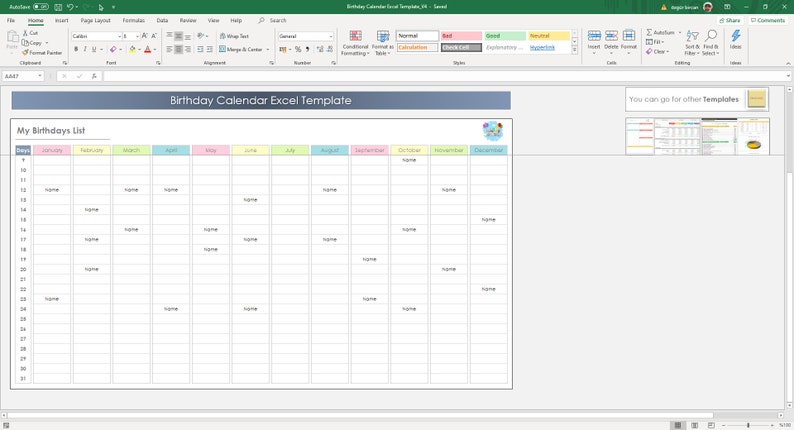 Birthday Calendar Excel Template: Printable Birthday Tracker - Etsy ...