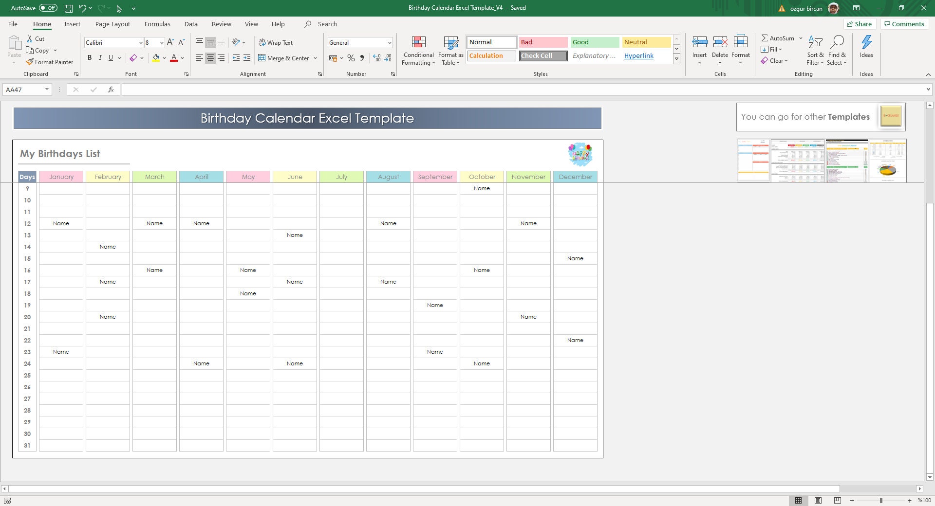Birthday Calendar Excel Template: Printable Birthday Tracker - Etsy