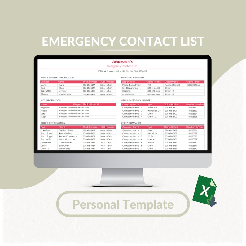 Plantilla de Excel de lista de contactos de emergencia / - Etsy México
