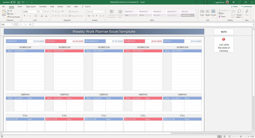 Weekly Work Planner Excel Template Weekly Work Tracker - Etsy Canada