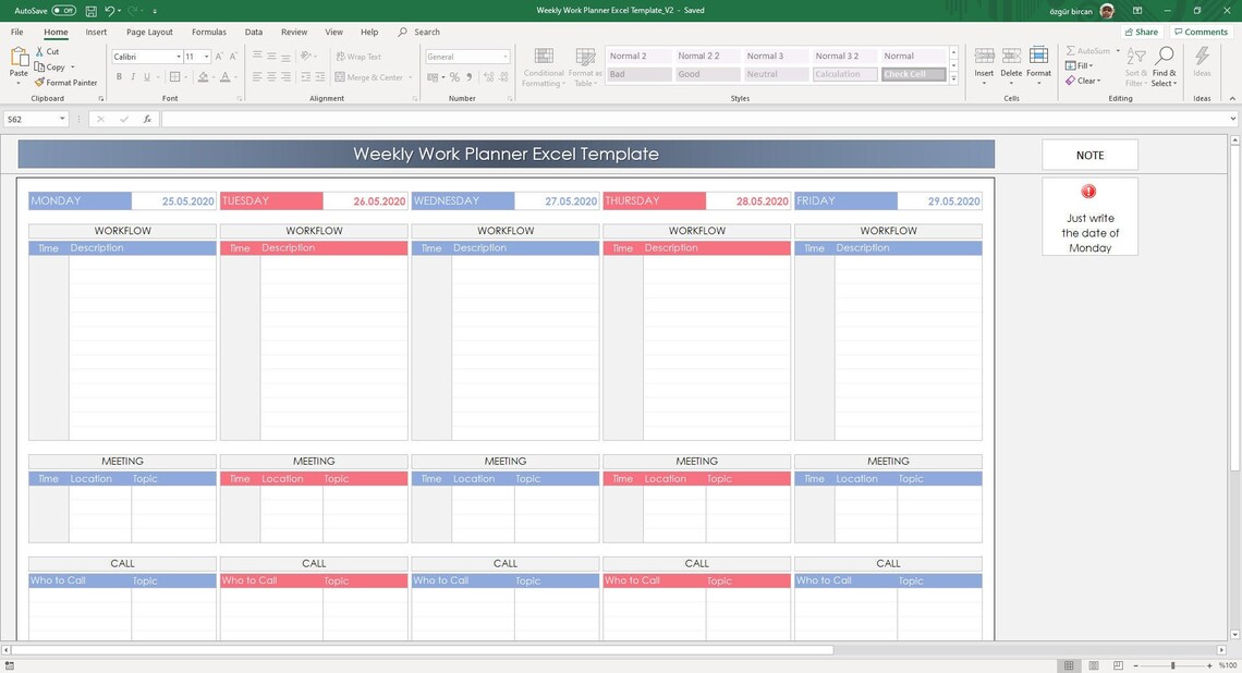 Weekly Work Planner Excel Template Weekly Work Tracker - Etsy Canada
