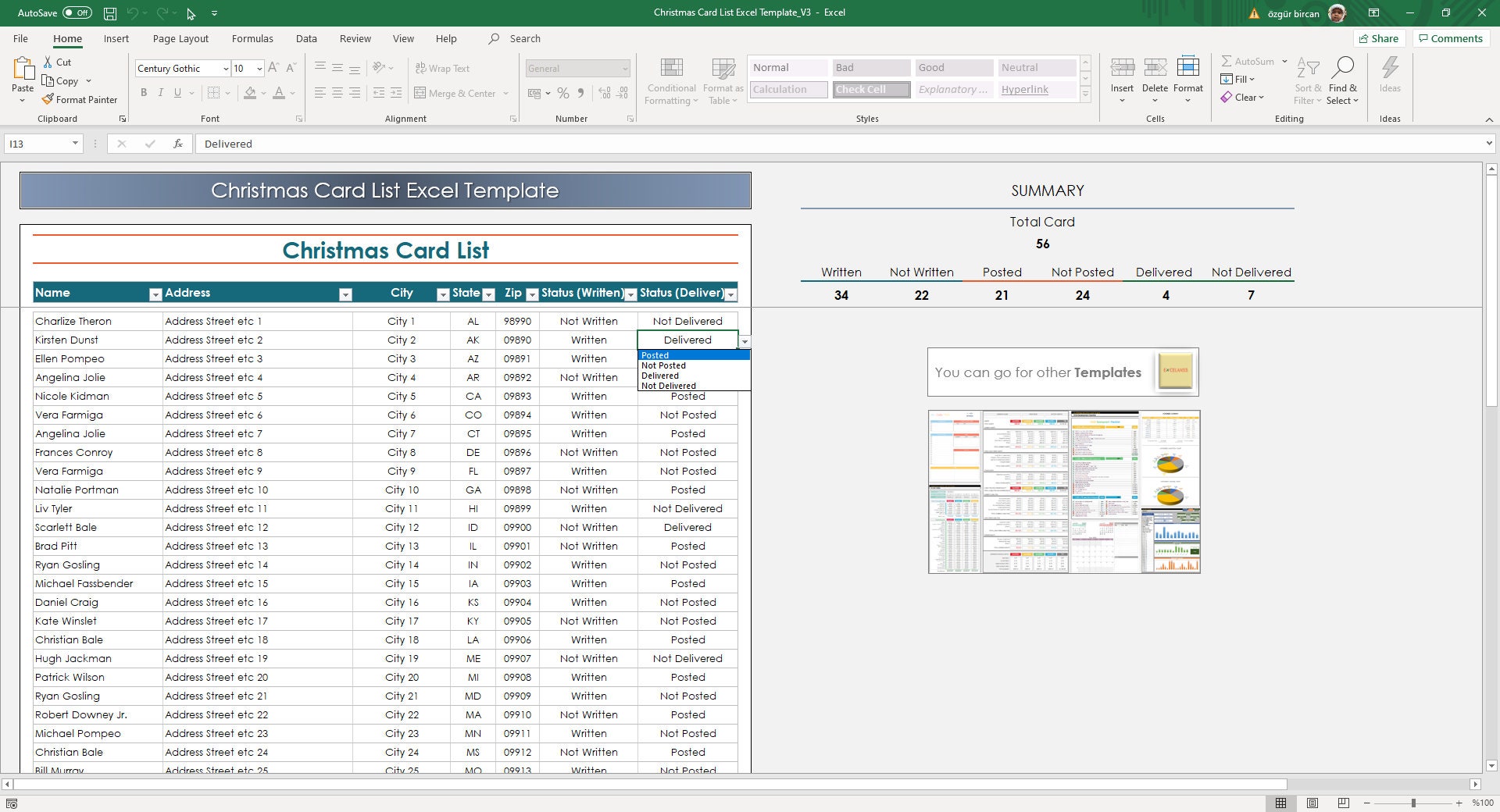 Christmas Card List Excel Template: Holiday Greeting Card Tracker With ...