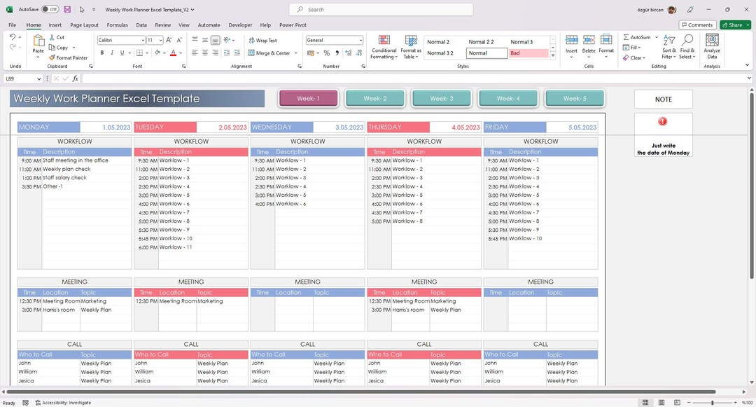 Weekly Work Planner Excel Template Weekly Work Tracker Excel Planner ...