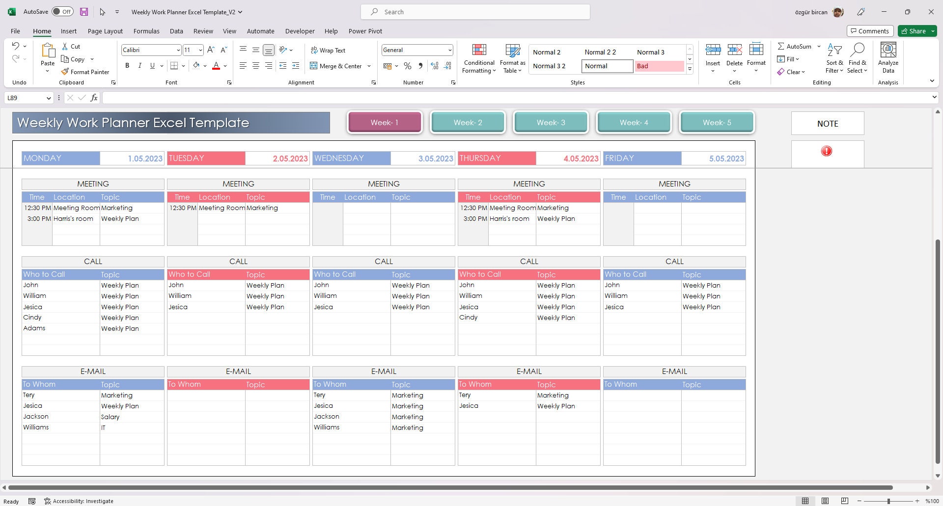 Weekly Work Planner Excel Template: Work Schedule & Task Tracker for 5 ...