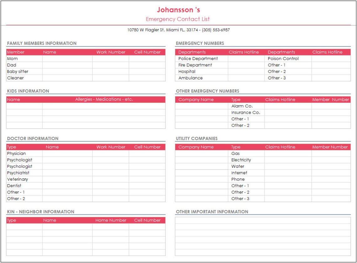 Emergency Contact List Excel Template Emergency Contact - Etsy