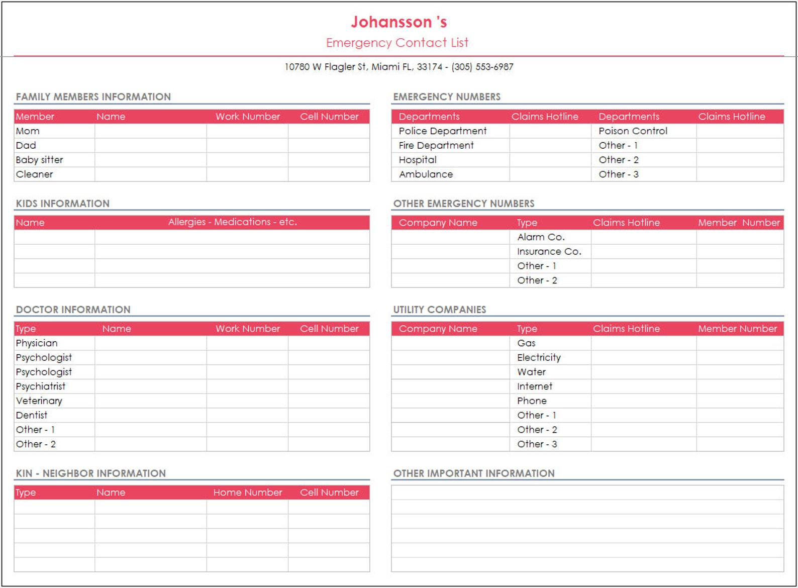 Emergency Contact List Excel Template Emergency Contact - Etsy