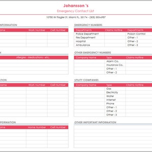 Emergency Contact List Excel Template: Printable Family & Workplace ...