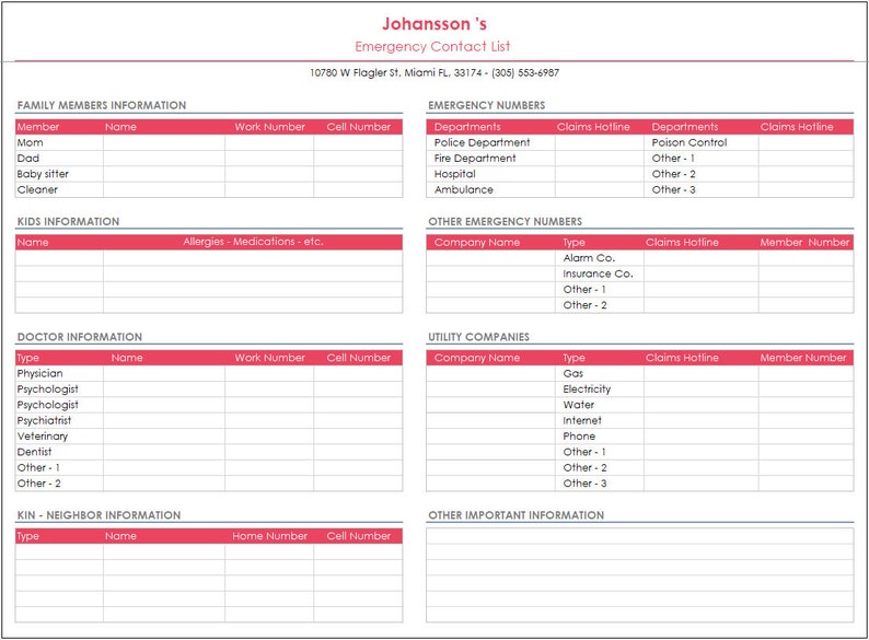 Emergency Contact List Excel Template Emergency Contact - Etsy