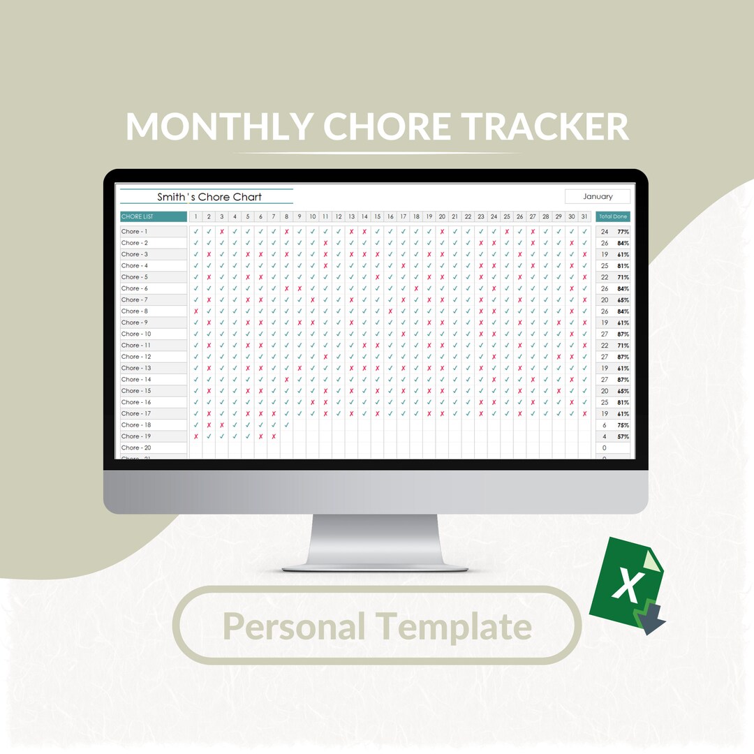 Monthly Chore Tracker Excel Template | Chore Planner | Excel Planner | Printable Chore Tracker ...