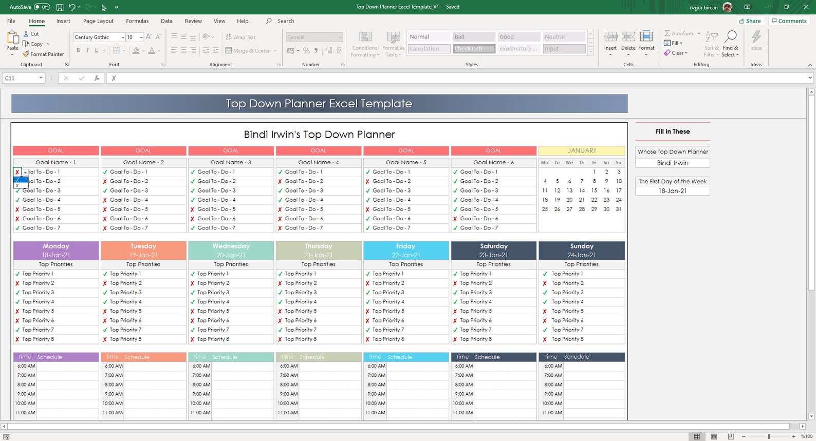 Top Down Planner Excel Template Excel Planner Top Down - Etsy