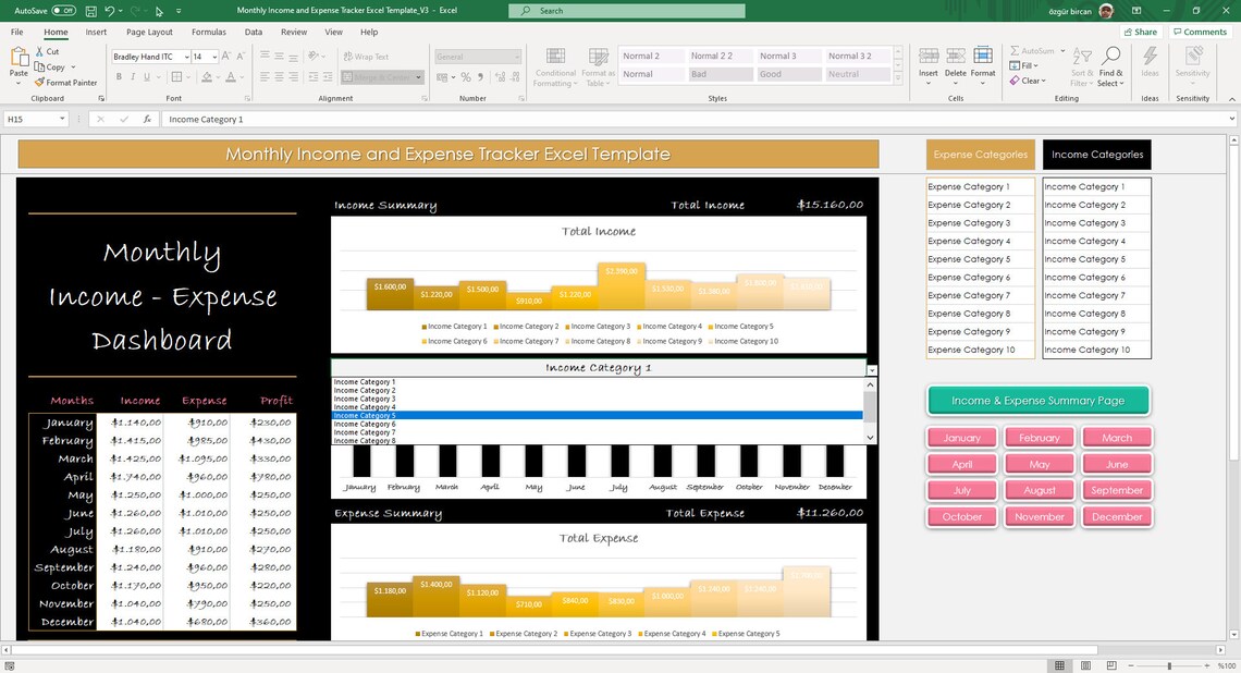 Monthly Income and Expense Tracker Excel Template - Etsy