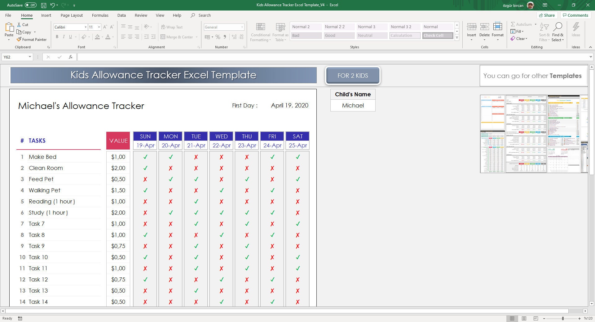 Kids Allowance Tracker Excel Template: Chore & Pocket Money Log ...