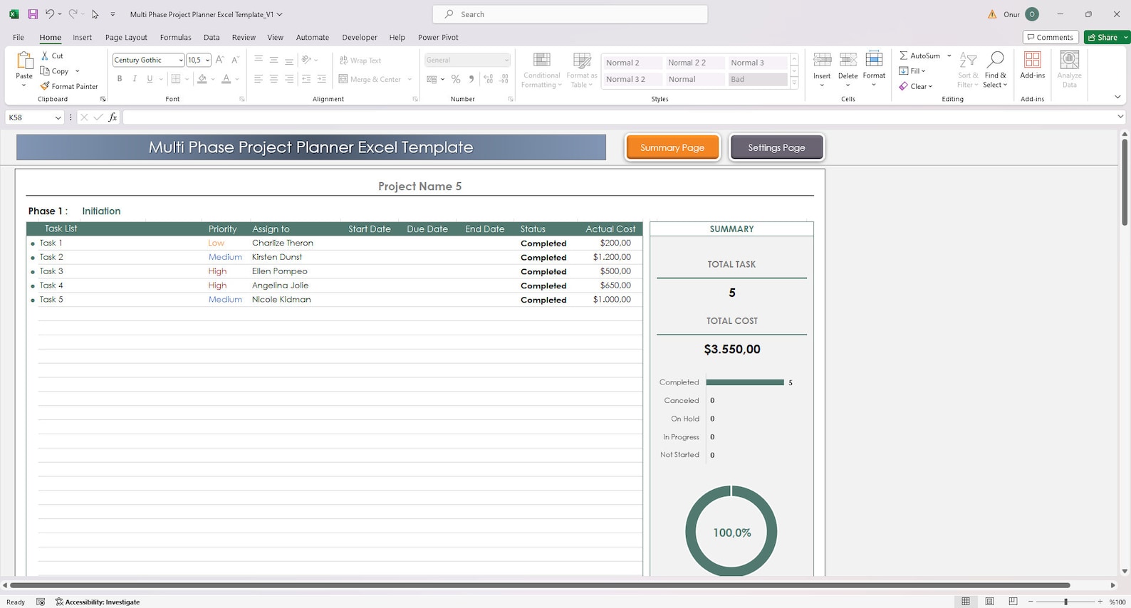 Multi Phase Project Planner Excel Template Multi-stage Task Organizer ...