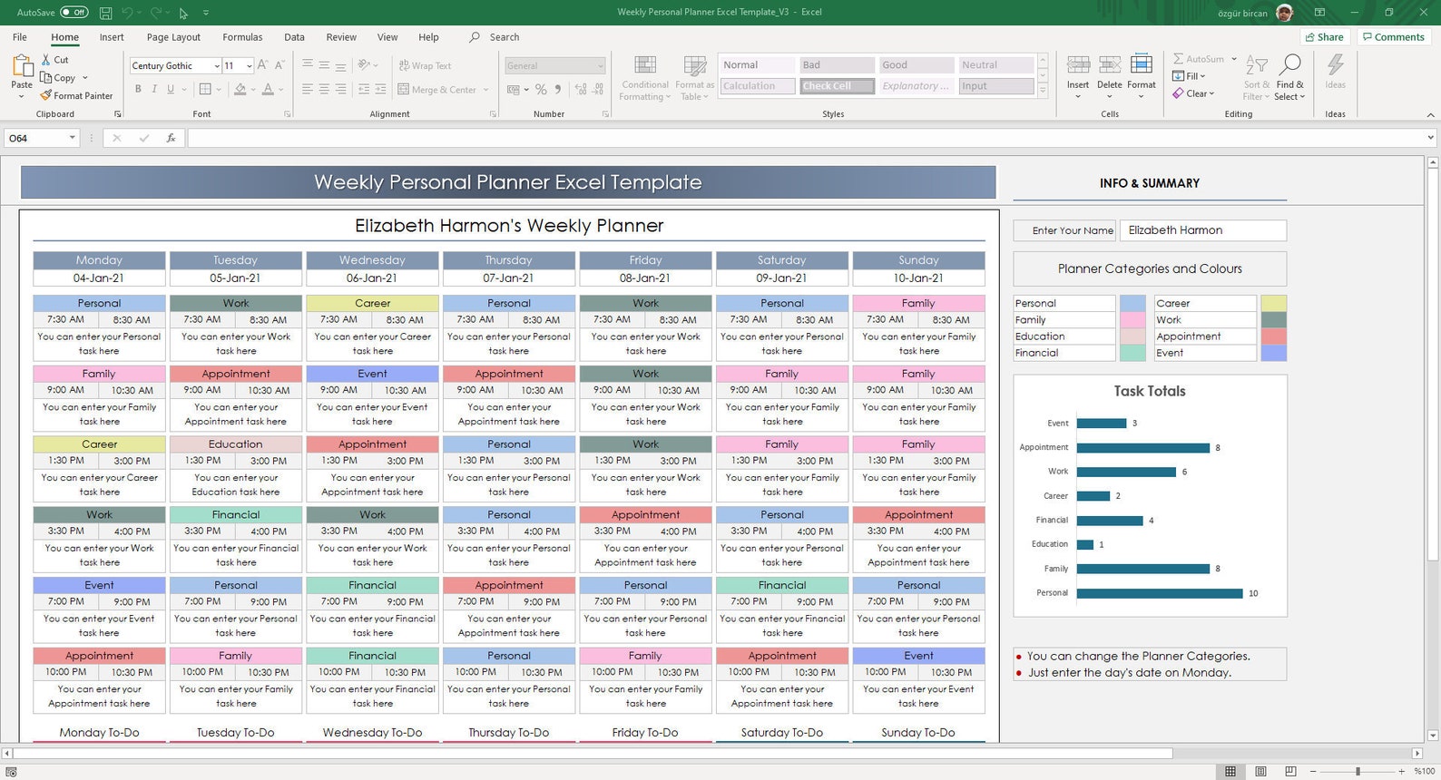 Weekly Personal Planner Excel Template Schedule Tracker Printable Excel ...