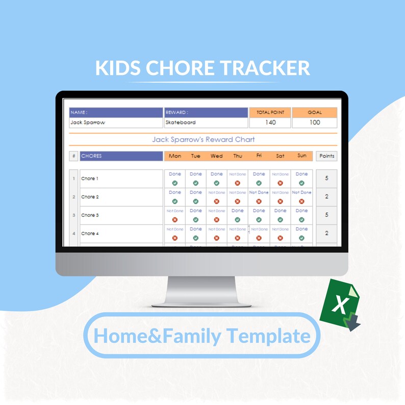 Kids Chore Tracker Excel Template Chore Planner Excel - Etsy