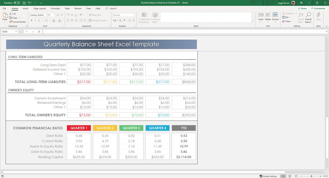 Quarterly Balance Sheet Excel Template Balance Tracker | Etsy Canada