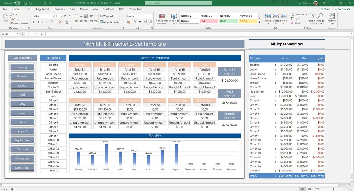 Monthly Bill Tracker Excel Template Bill Organizer Sheet - Etsy