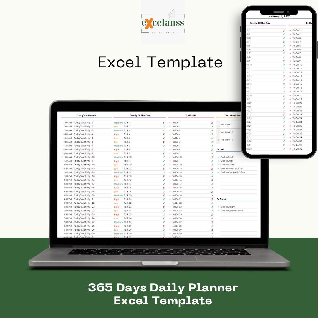 365 Days Daily Planner Excel Template – Yearly To-do List & Task ...