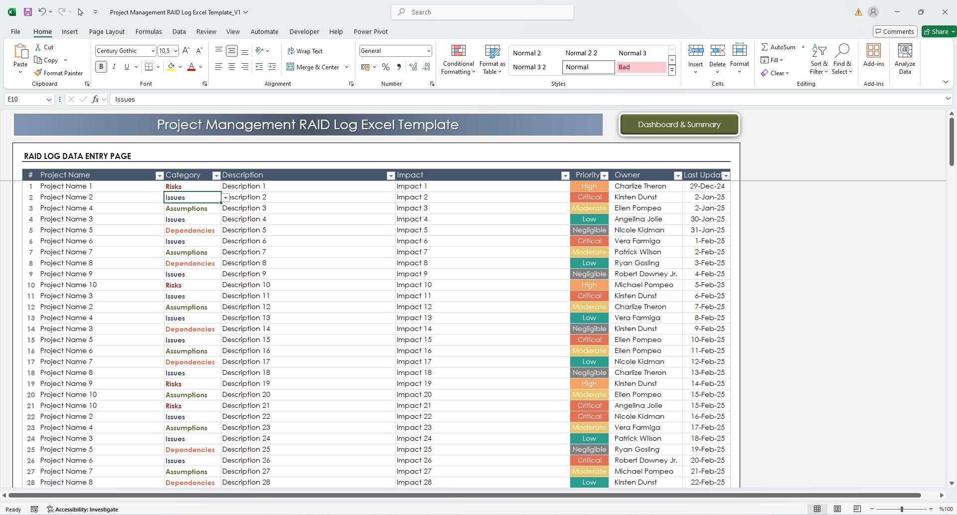 RAID Log Excel Template – Project Management Tracker for Risks, Issues ...