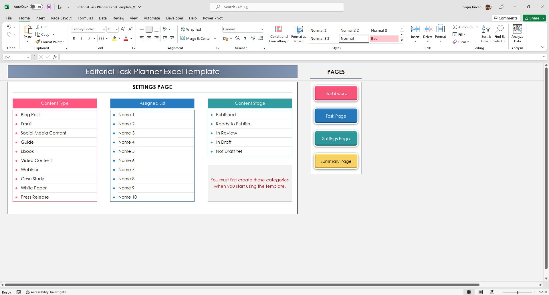 Editorial Task Planner Excel Template Content Task Planner - Etsy UK