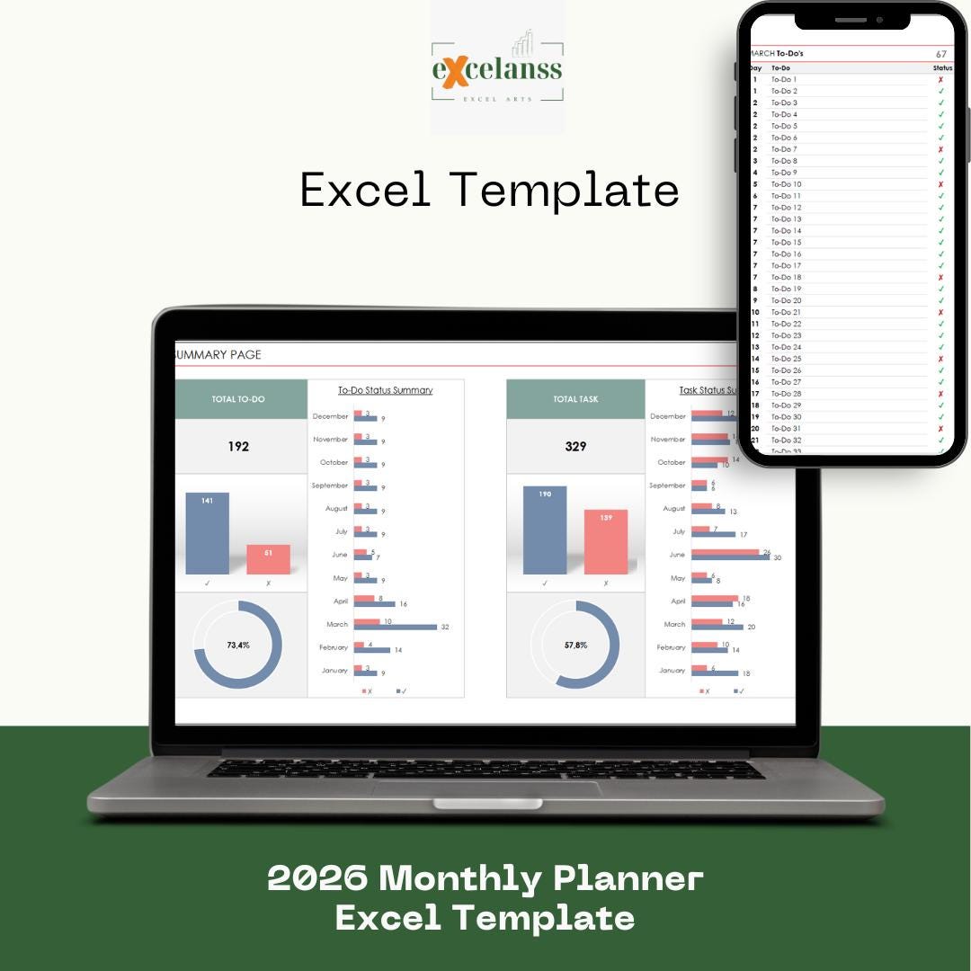 2026 Monthly Planner Excel Template: To-do & Task Tracker (digital ...